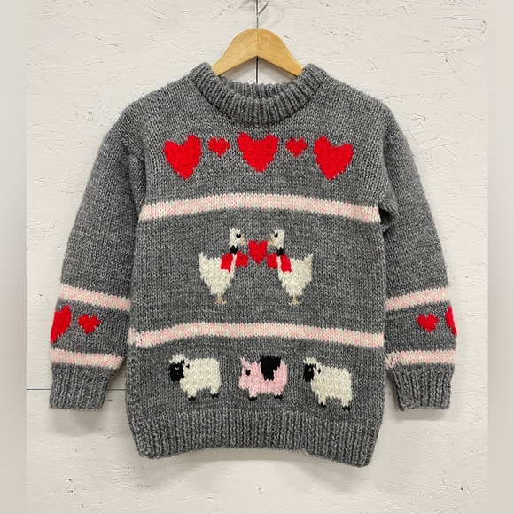 Sweaters | Handknit Farm Animalsheart Crewneck Sweater Fits Sm | Poshmark